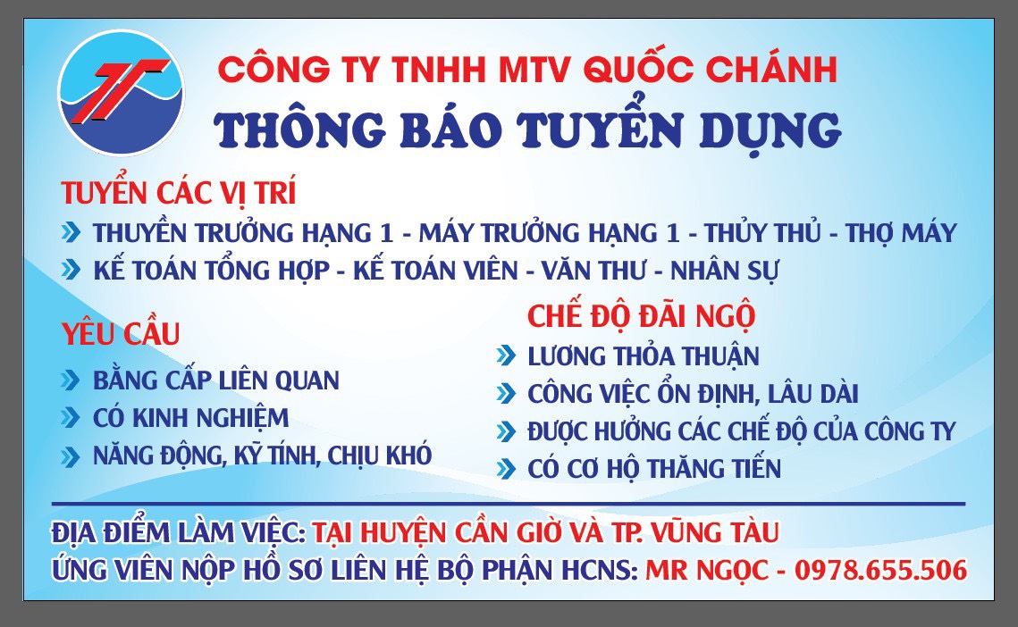 CÔNG TY TNHH MTV QUỐC CHÁNH - PHÀ BIỂN CẦN GIỜ - VŨNG TÀU THÔNG BÁO TUYỂN DỤNG